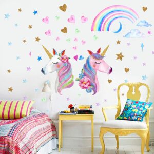 vkbuou unicorn rainbow wall decals removable wall stickers for girls bedroom with heart star cloud rainbow perfect unicorn wall decals to decorate kids room nursery birthday party (3 sheets)