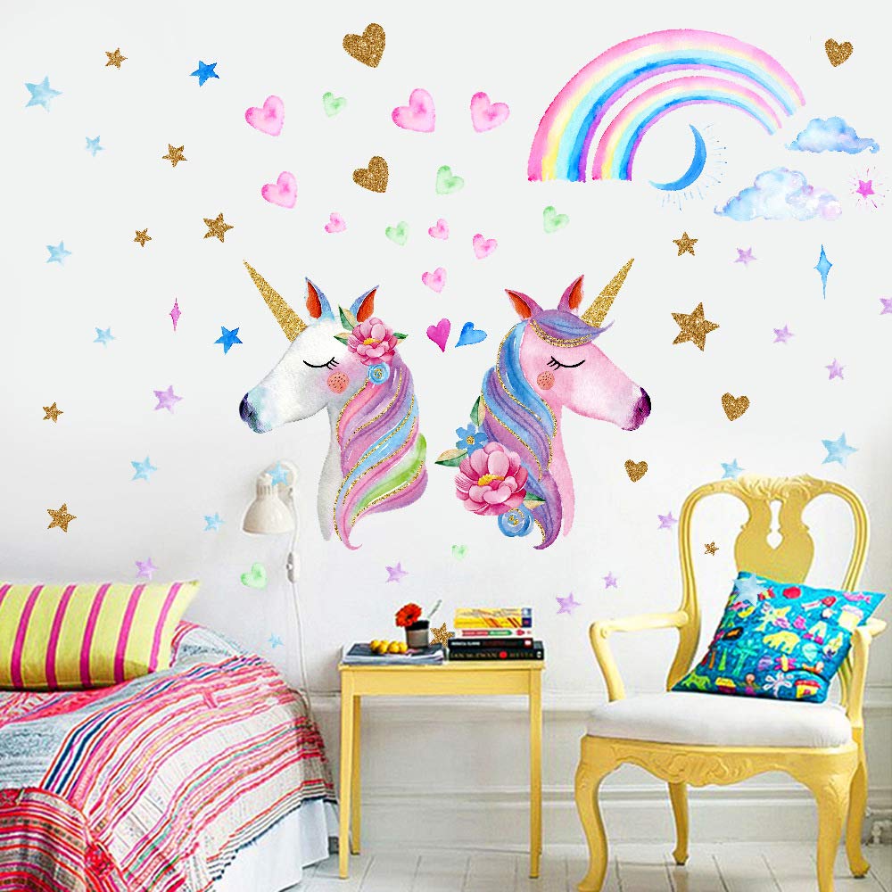 vkbuou Unicorn Rainbow Wall Decals Removable Wall Stickers for Girls Bedroom with Heart Star Cloud Rainbow Perfect Unicorn Wall Decals to Decorate Kids Room Nursery Birthday Party (3 Sheets)