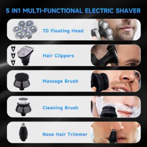 5 in 1 Head Shaver, Upgrade Electric Razor for Men, Cordless Rotary Shavers for Men, Rechargeable 7D Floating Beard Trimmer, LED Display, Wet & Dry USB Waterproof, with Men's Grooming Kit…