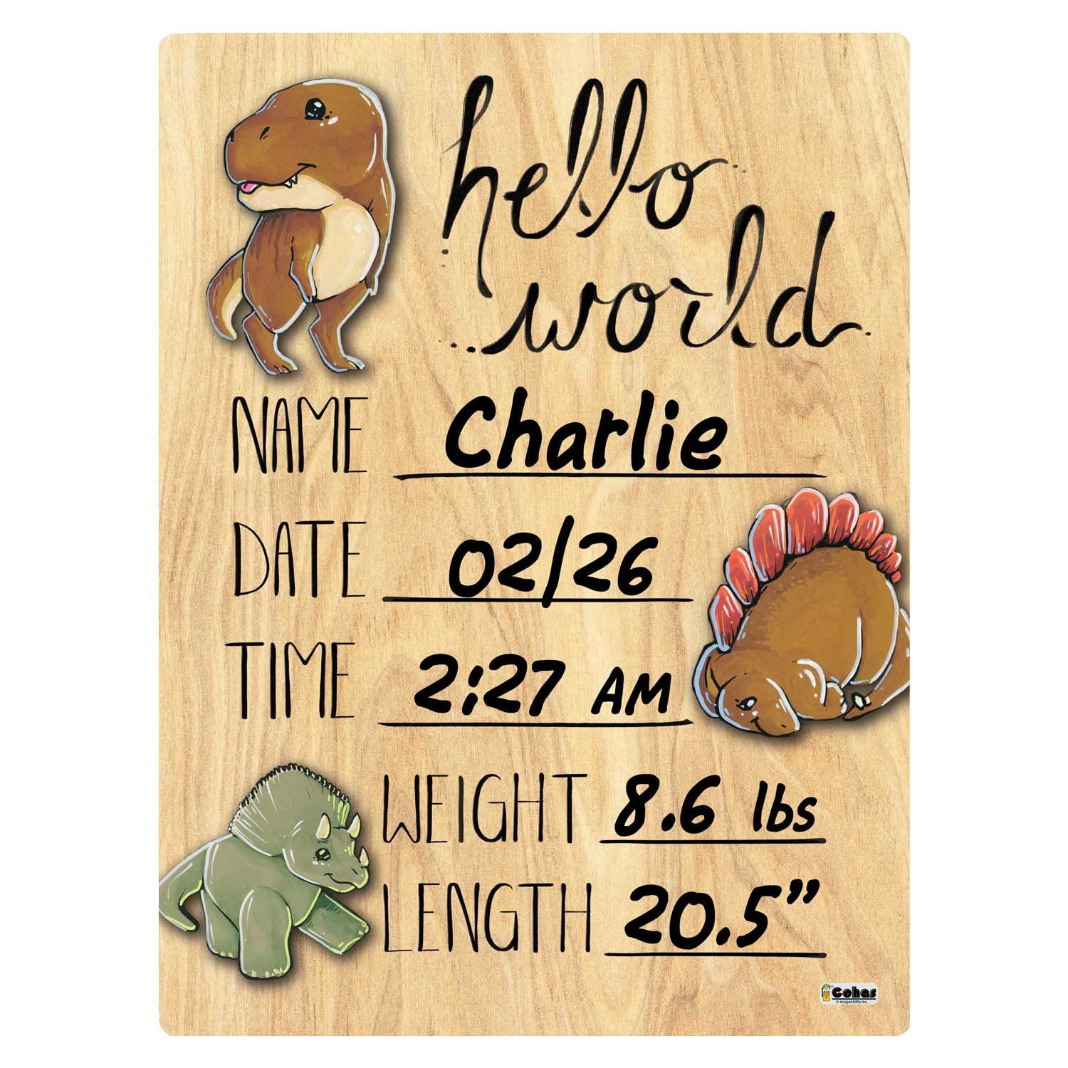 Cohas Hello World Newborn Baby Announcement Printed Wood Sign with Dinosaur Theme, 5 by 7 Inches, Black Marker