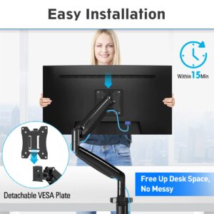 MOUNTUP Ultrawide Single Monitor Arm for Max 40 Inch Screen, Heavy Duty Monitor Desk Mount Support 6.6-30.9lbs, Gas Spring Computer Monitor Stand for Desk, VESA Monitor Mount with Clamp & Grommet Base