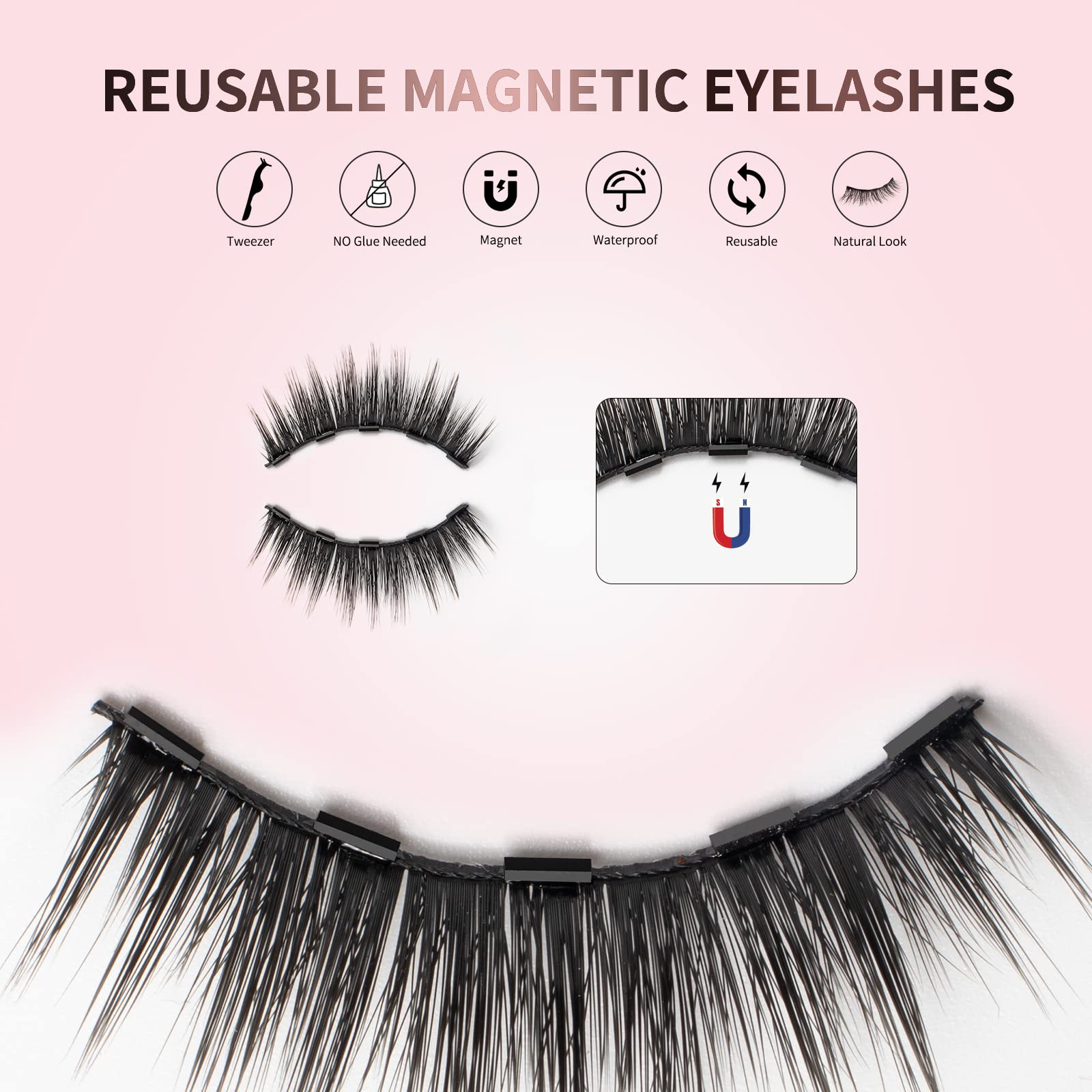 Magnetic Eyelashes Kit, False Eyelashes Natural Look, Magnetic Eyelashes with Eyeliner, 2 Magnetic Eyeliners & Tweezers