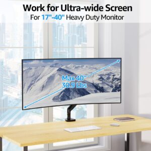 MOUNTUP Ultrawide Single Monitor Arm for Max 40 Inch Screen, Heavy Duty Monitor Desk Mount Support 6.6-30.9lbs, Gas Spring Computer Monitor Stand for Desk, VESA Monitor Mount with Clamp & Grommet Base