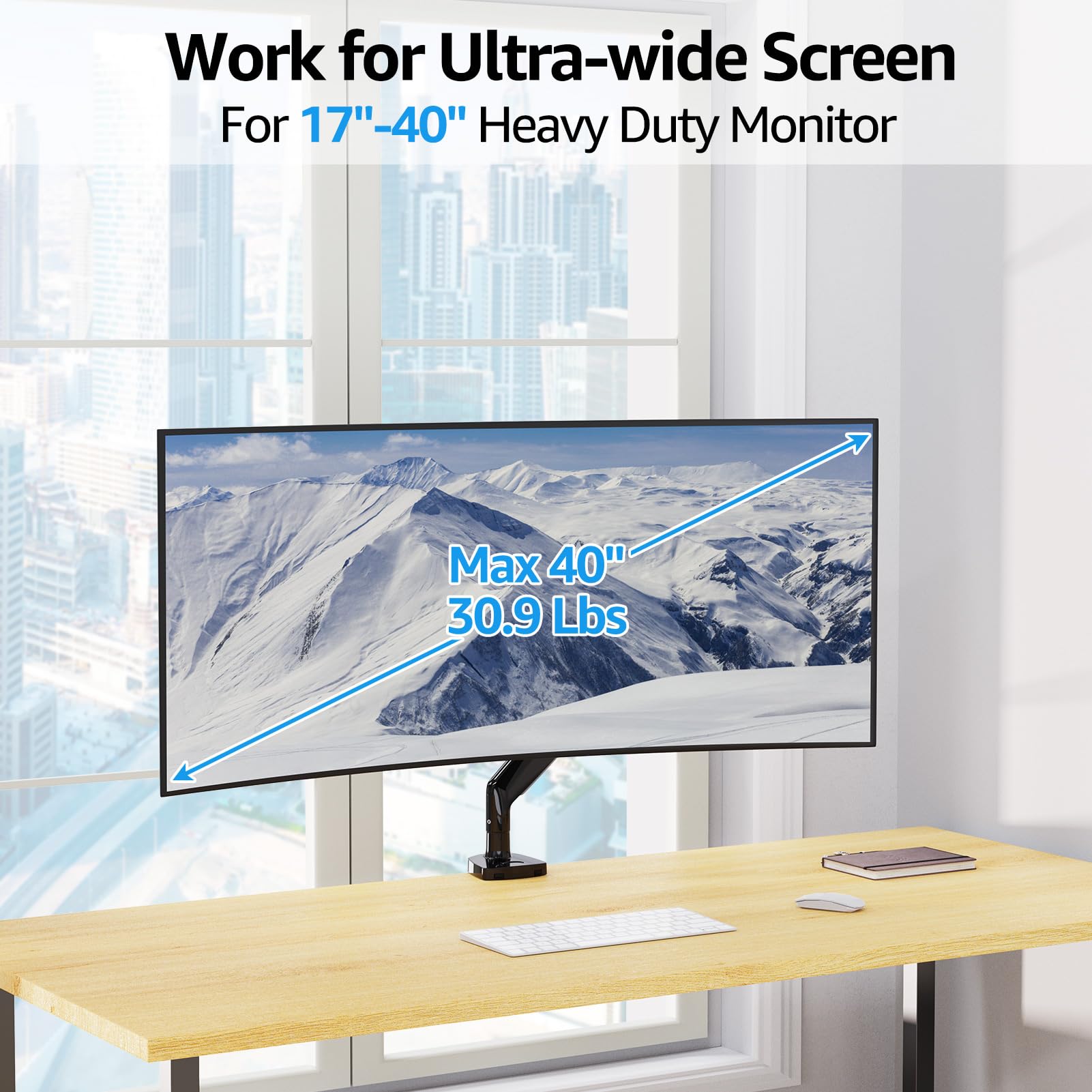 MOUNTUP Ultrawide Single Monitor Arm for Max 40 Inch Screen, Heavy Duty Monitor Desk Mount Support 6.6-30.9lbs, Gas Spring Computer Monitor Stand for Desk, VESA Monitor Mount with Clamp & Grommet Base