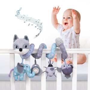 jollybaby baby car seat stroller toys, plush activity hanging spiral activity pram crib with music box, rattles, squeaker for babies infant boys girls(grey fox)