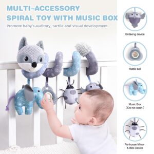 Jollybaby Baby Car Seat Stroller Toys, Plush Activity Hanging Spiral Activity Pram Crib with Music Box, Rattles, Squeaker for Babies Infant Boys Girls(Grey Fox)