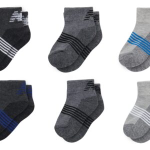 New Balance Baby Boys' Socks - 6 Pack Quarter Cut Non-Skid Gripper Socks (Infant/Toddler), Size 2-4T, Grey