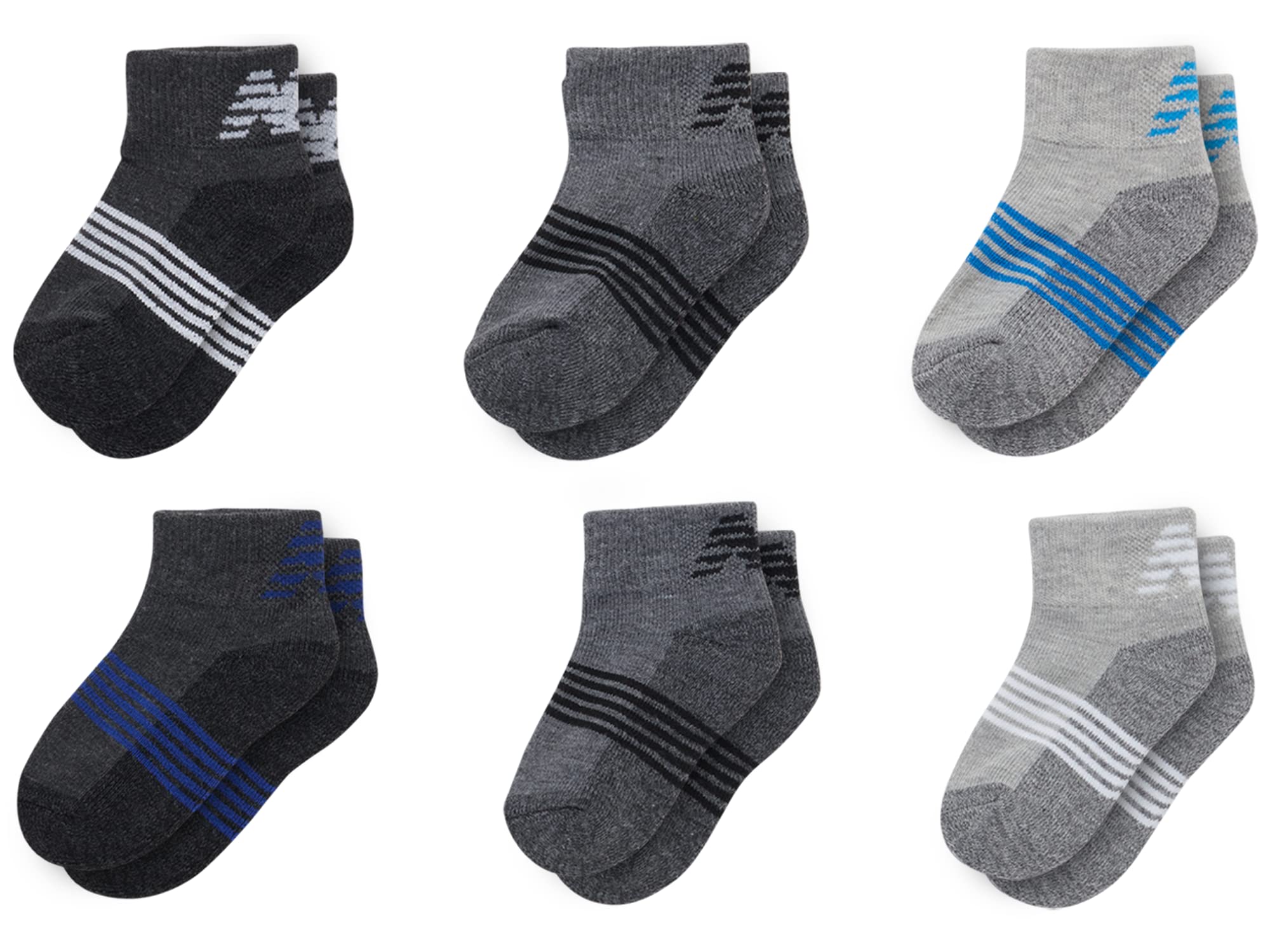 New Balance Baby Boys' Socks - 6 Pack Quarter Cut Non-Skid Gripper Socks (Infant/Toddler), Size 2-4T, Grey