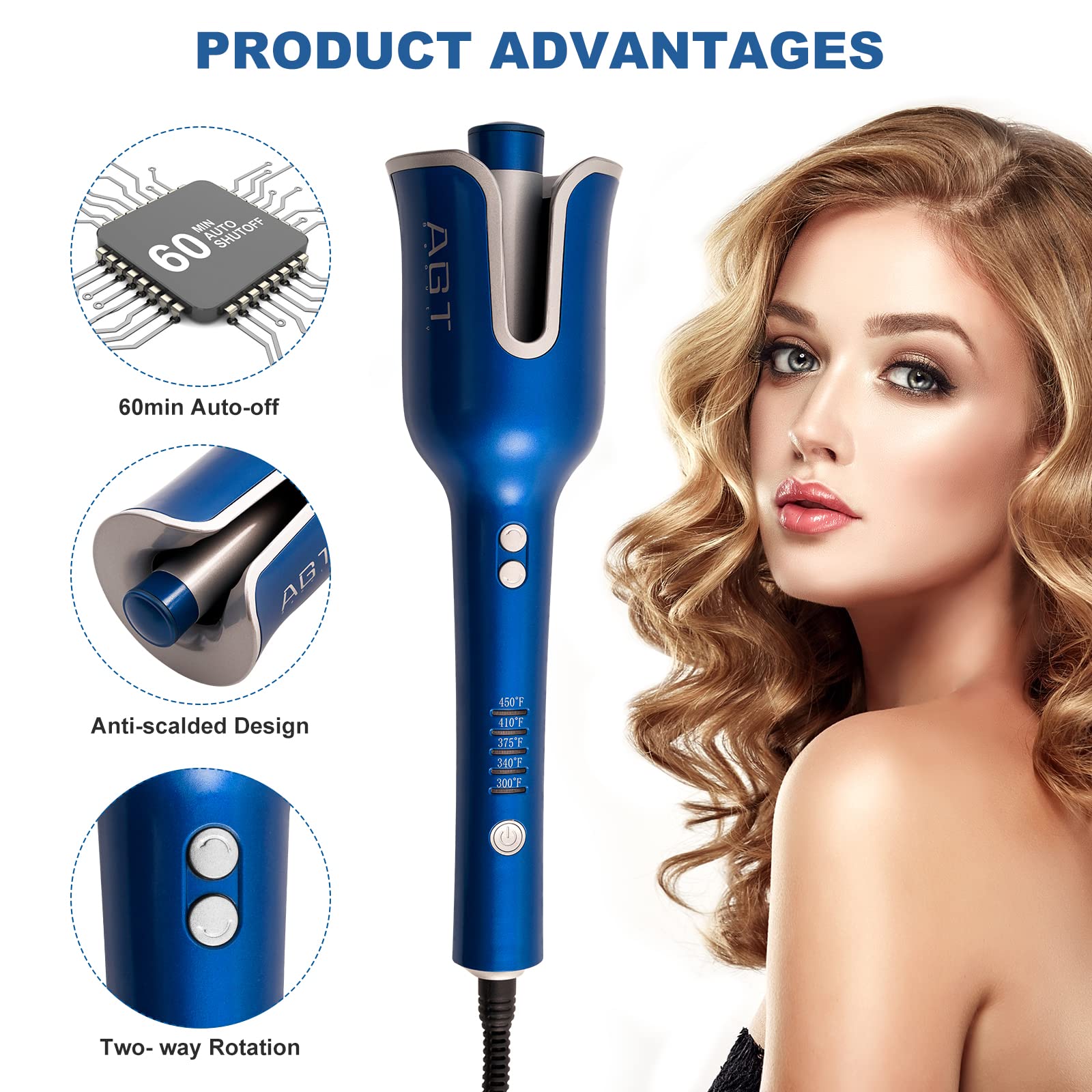 Automatic Curling Iron, 1 inch Ceramic Hair Rollers for Long Hair, Auto Rotating Curling Iron with 5 Adjustable Temp up to 450℉ & Anti-Stuck, Hot Rollers with Fast Heating for Women