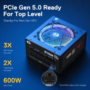 Redragon RGPS-850W 80+ Gold 850 Watt ATX 3.0 & PCIe 5.0 Fully Modular Power Supply w/ 80 Plus Gold Certified, Compact 160mm Size, Smart ECO Low Noise RGB Fan, 100% Japanese Capacitors, Full Mod Cables