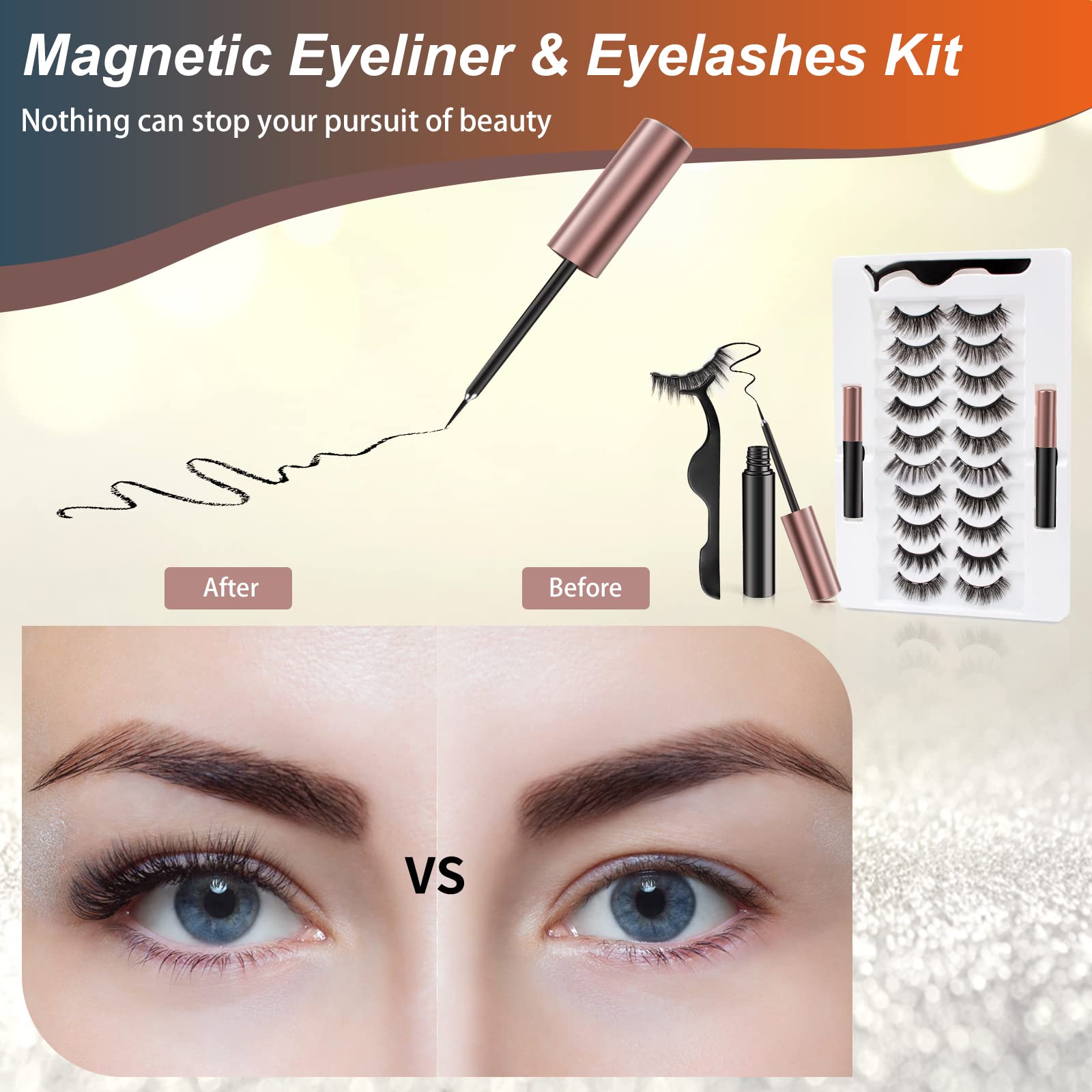 Magnetic Eyelashes Kit, False Eyelashes Natural Look, Magnetic Eyelashes with Eyeliner, 2 Magnetic Eyeliners & Tweezers