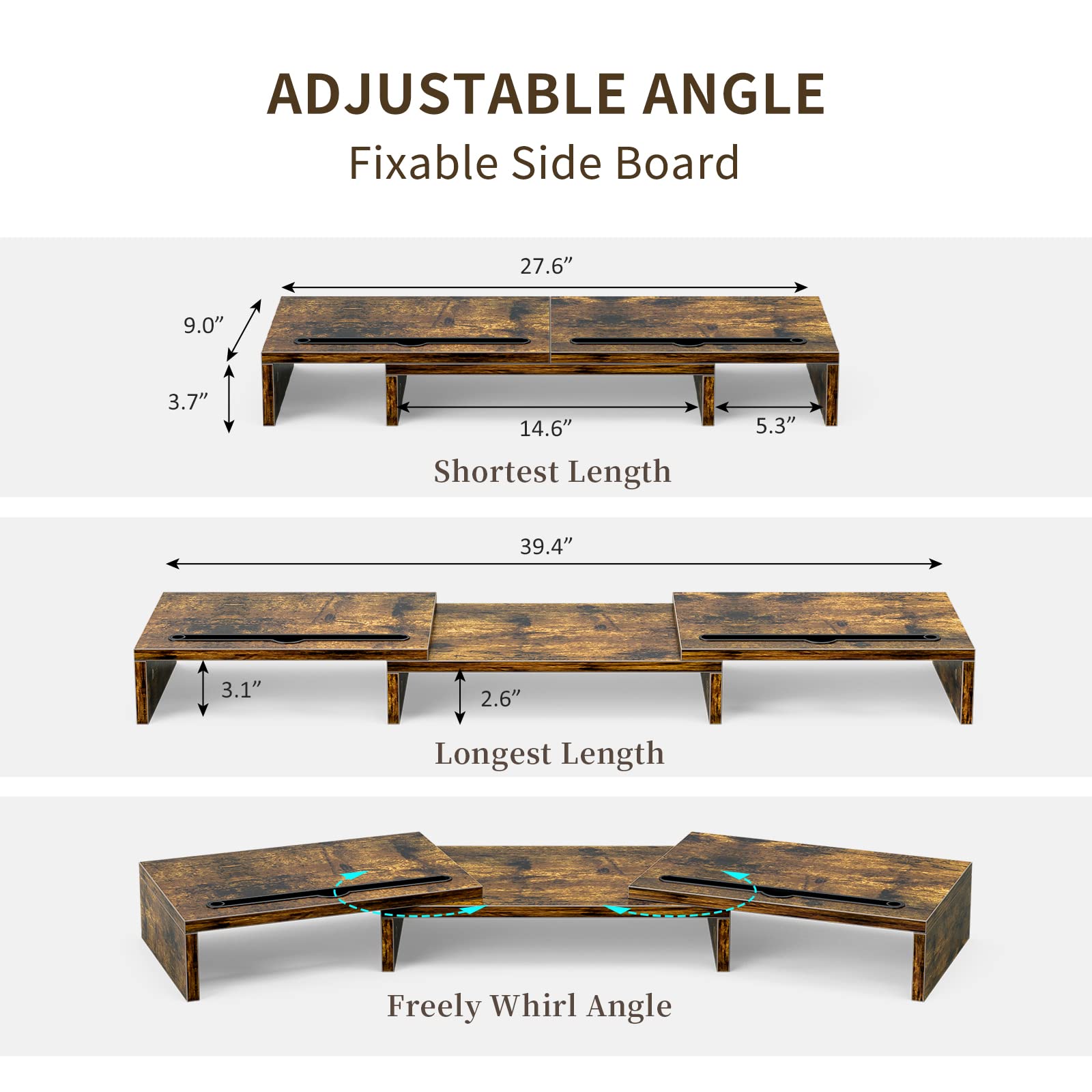 XBurmo Monitor Stand Riser, Dual Monitor Stand with slots for TV/PC/Laptop, Wood Computer Monitor Stand with adjustable Length and Angle, Rustic Brown