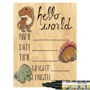 cohas hello world newborn baby announcement printed wood sign with dinosaur theme, 5 by 7 inches, black marker