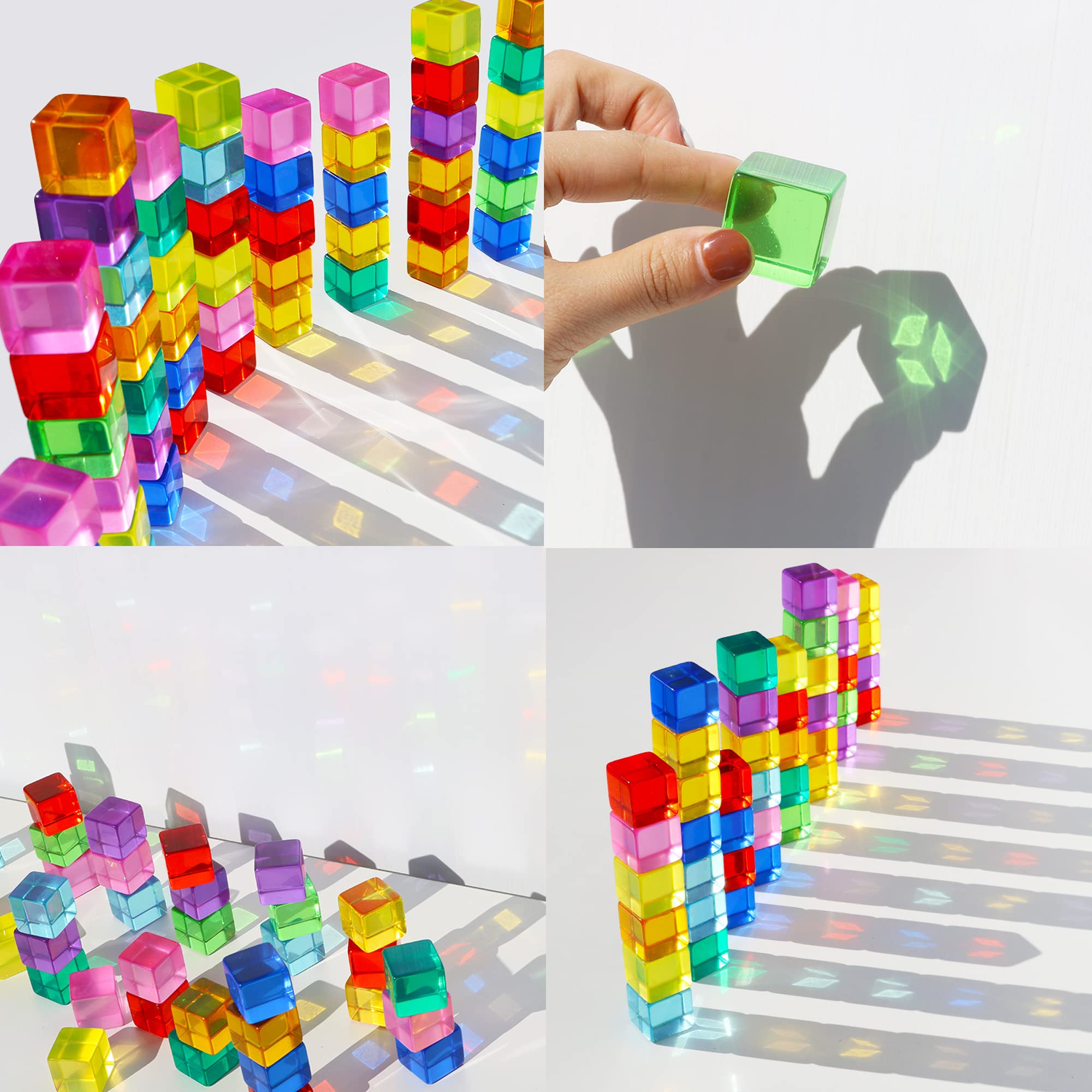 Candywood Rainbow Acrylic Gem Cubes Blocks Children Educational Sensory Training Crystal Toys Baby Learn Color Light Shadow Stacking Toys (40-Pcs)