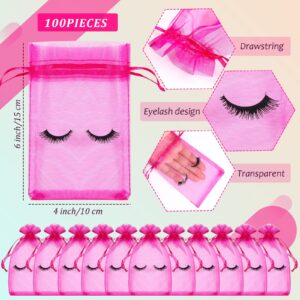 100 Pcs Eyelash Aftercare Bags 4 x 6 Inches Eye Lash Print Aftercare Makeup Bags Drawstring Cosmetic Bags Organza Beauty Bags for Women Makeup Jewelry Supplies (Pink)