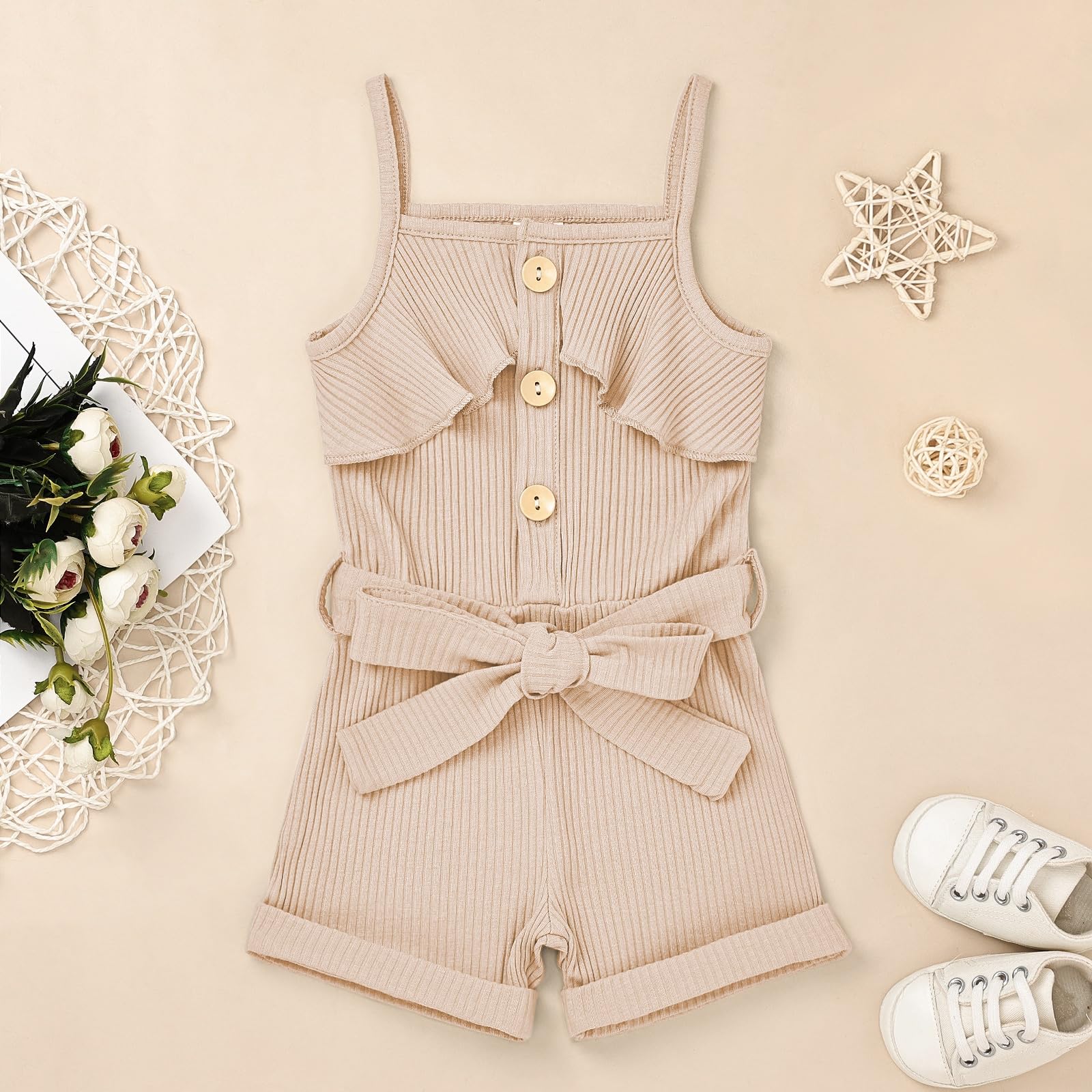 CETEPY 2T Girl Clothes Toddler Girl Summer Outfits Sleeveless Button Tie Front Girls Jumpsuit One Piece Halter Romper Apricot 2-3T/100cm