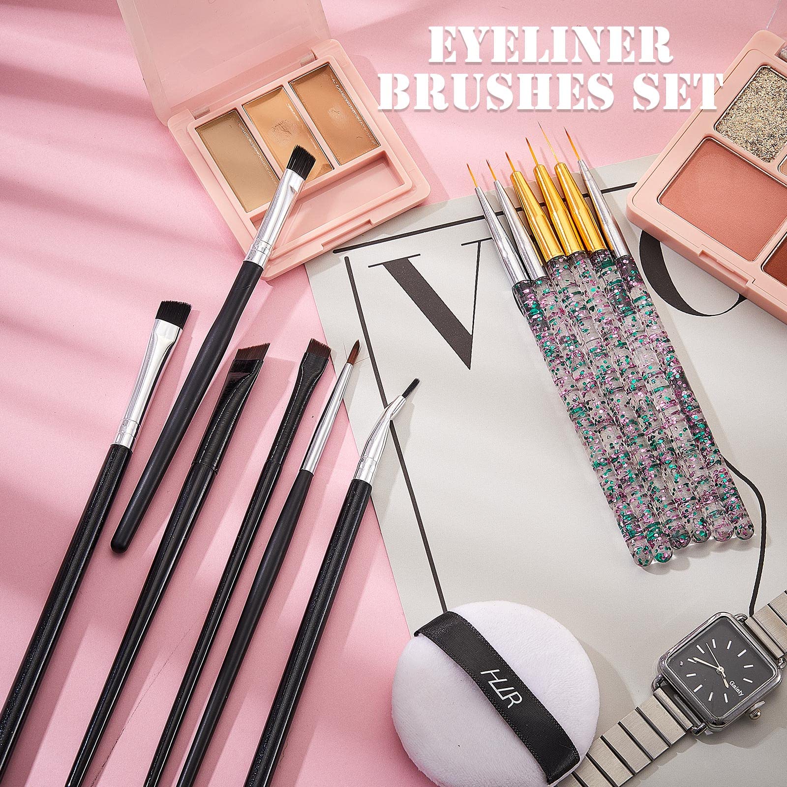 12 Pieces Eyeliner Brushes Set, Slanted Makeup Gel Eyeliner Brush Line Fine Bent Eyeliner Brush Pointed Round Makeup Brush Angled Eyeliner Makeup Tool for Girls Women Cosmetic Applicators