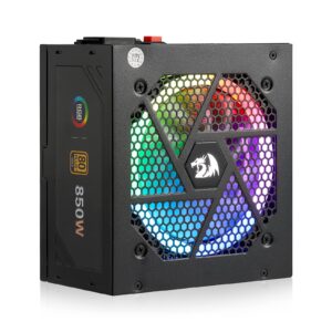 redragon rgps-850w 80+ gold 850 watt atx 3.0 & pcie 5.0 fully modular power supply w/ 80 plus gold certified, compact 160mm size, smart eco low noise rgb fan, 100% japanese capacitors, full mod cables