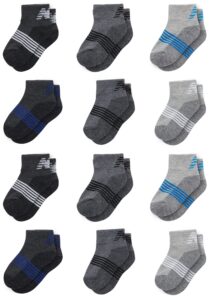 new balance baby boys' socks - 12 pack quarter cut non-skid gripper socks (infant/toddler), size 2-4t, grey