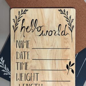 Cohas Hello World Newborn Baby Announcement Printed Wood Sign with Dinosaur Theme, 5 by 7 Inches, Black Marker