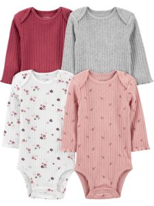 simple joys by carter's unisex baby 4-pack long-sleeve pointelle bodysuits bodystocking, dusty pink/grey/light burgundy/white floral, 3-6 months us