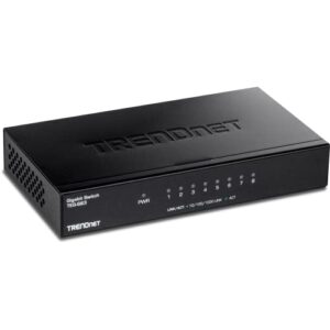 trendnet 8-port gigabit desktop switch, teg-s83, 8 x gigabit rj-45 ports, ethernet splitter, 16gbps switching capacity, fanless design, metal enclosure, lifetime protection, black