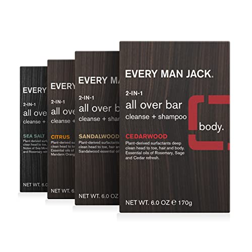 Every Man Jack Men’s All Over Bar Set for Body and Hair - Bar Soap Set for Men with Shea Butter and Aloe Vera to Deep Clean, Hydrate, and Soothe Skin - Naturally Derived, Zero Harsh Chemicals - 4 Pack