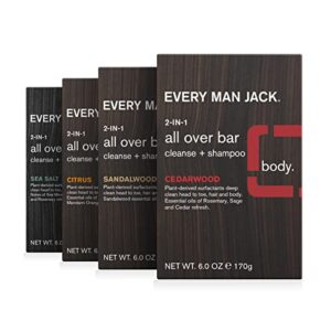 every man jack men’s all over bar set for body and hair - bar soap set for men with shea butter and aloe vera to deep clean, hydrate, and soothe skin - naturally derived, zero harsh chemicals - 4 pack