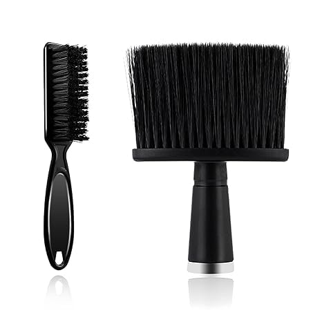 T- Hair Brush Set, 2 Pieces Barber Blade Cleaning Brush and Neck Duster Brush - Black/Gold - for Barbershop and Home Use