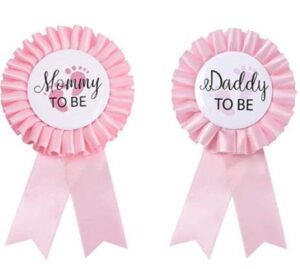 coolerthingsdg, daddy to be & mom to be tinplate badge pin - baby shower button new dad gifts gender reveals party baby girl pink rosette button baby celebration ( pink) white