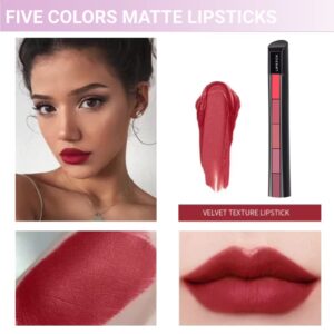 Dulele 5 Color Matte Lipstick Set Velvet Lip Stick Non-stick Lip Gloss Long Lasting Waterproof Red Lipstick Makeup Mini Lipstick Set (B, M)