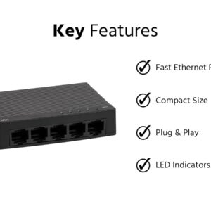 Monoprice 5-Port 10/100Mbps Fast Ethernet Unmanaged Network Switch | Compact Size, Plug and Play, Auto Negotiation and Auto MDI/MDIX, Wall Mount,Black