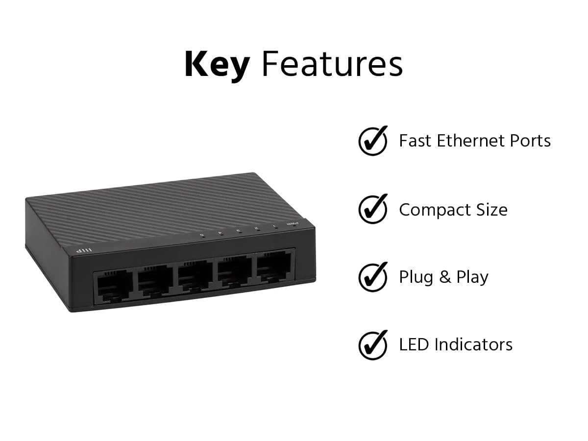 Monoprice 5-Port 10/100Mbps Fast Ethernet Unmanaged Network Switch | Compact Size, Plug and Play, Auto Negotiation and Auto MDI/MDIX, Wall Mount,Black