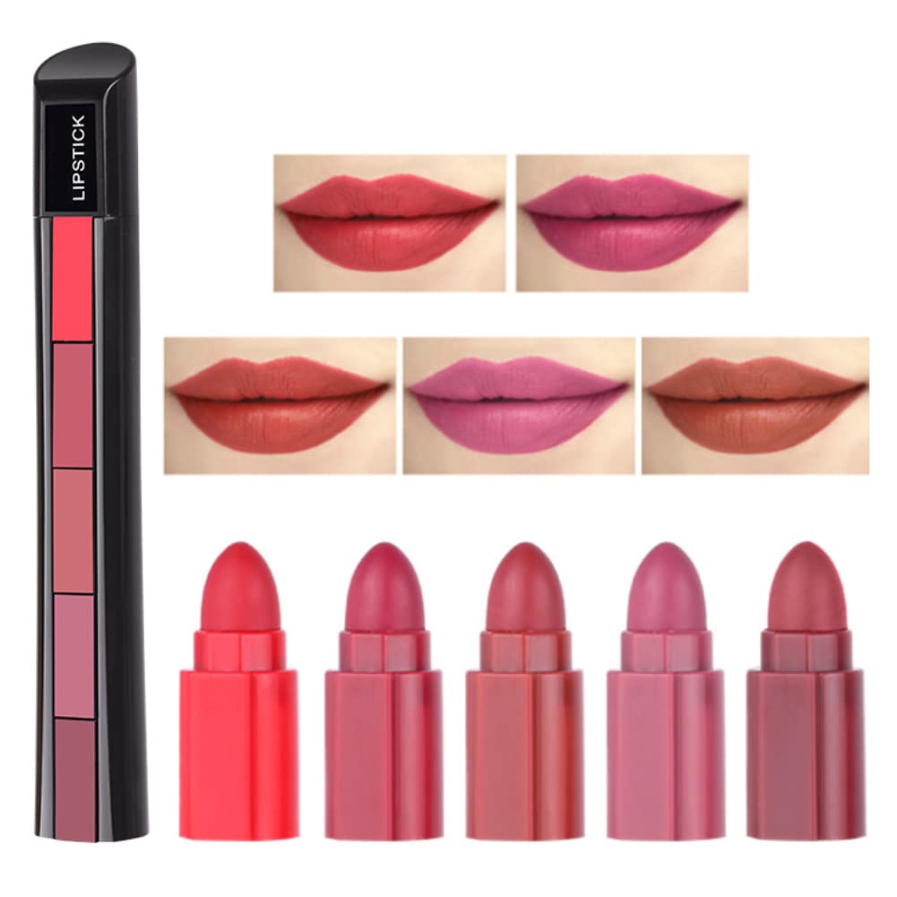 Dulele 5 Color Matte Lipstick Set Velvet Lip Stick Non-stick Lip Gloss Long Lasting Waterproof Red Lipstick Makeup Mini Lipstick Set (B, M)