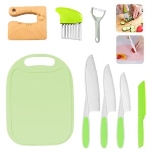 alrens kid safe knives, 8 pcs toddler knife set include crocodile wooden knife for kids, serrated edges plastic toddler knife, potato peeler, cutting board, knives set for kids learning