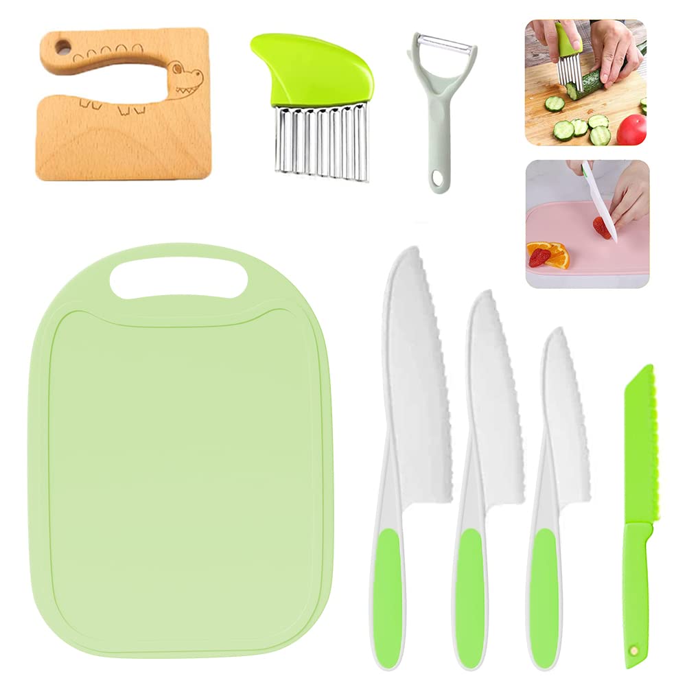 Alrens Kid Safe Knives, 8 Pcs Toddler Knife Set Include Crocodile Wooden Knife for Kids, Serrated Edges Plastic Toddler Knife, Potato Peeler, Cutting Board, Knives Set for Kids Learning