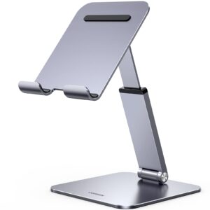 ugreen tablet stand holder for desk height adjustable aluminum foldable desktop tablet holder wide base dock multi-angle riser compatible with 2024 ipad pro 13 12.9, 11, 10.5 air mini 6 5, grey