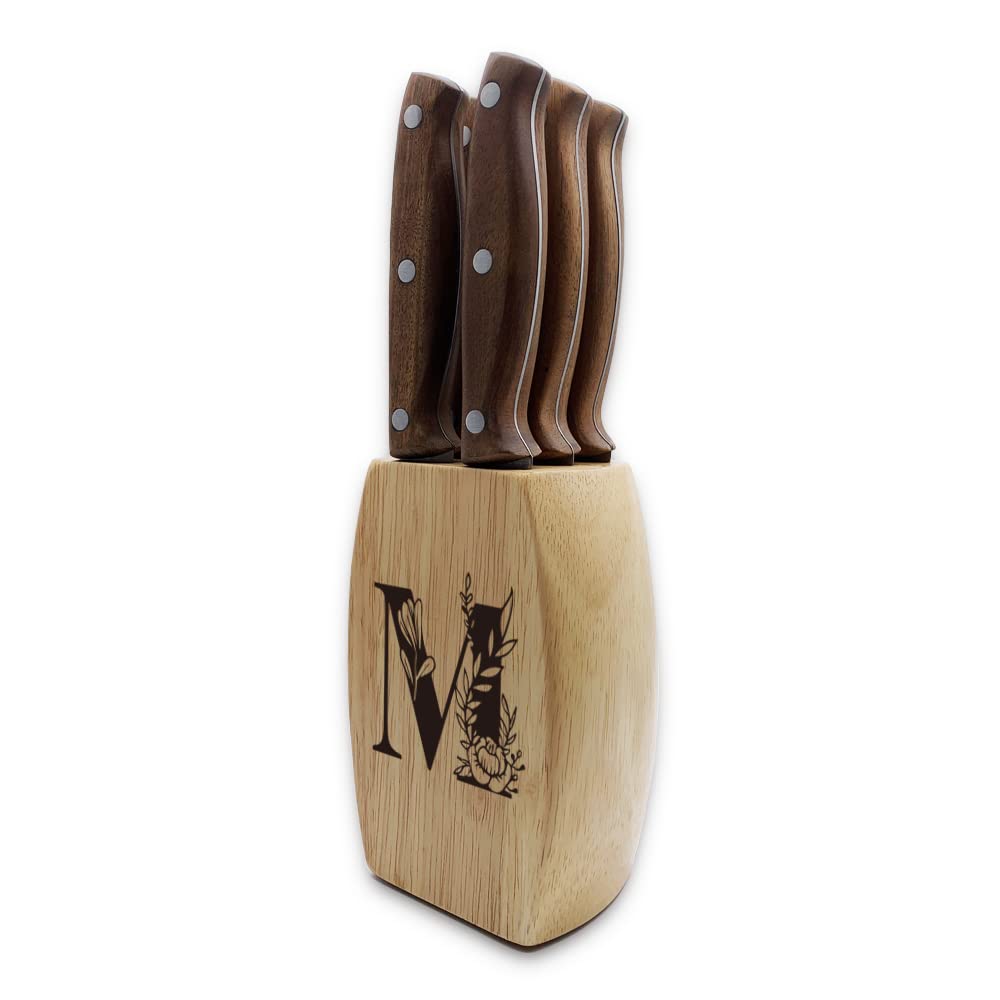 Monogram Letter M Funny Farmhouse Kitchen Decor Knife Block For Steak Knives 5 Inch Utility Knives 6 Piece Slot Organizer Durable 100% Natural Oak Wood, Housewarming Birthday Wedding Gift, 3.7x2.4x5"