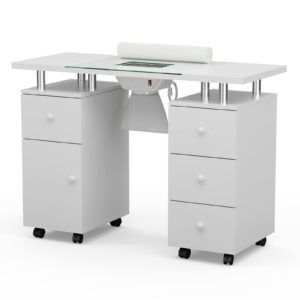 paddie manicure table, glass top nail makeup desk nail table station for nail tech w/electric downdraft vent, wrist cushion, lockable wheels, storage drawers, wooden handles (white)