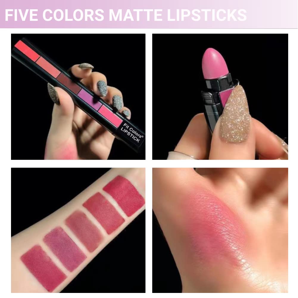 Dulele 5 Color Matte Lipstick Set Velvet Lip Stick Non-stick Lip Gloss Long Lasting Waterproof Red Lipstick Makeup Mini Lipstick Set (B, M)