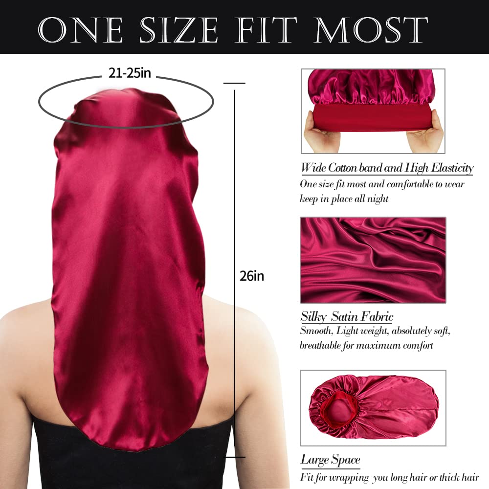 3 Pieces Long Satin Sleep Bonnet for Hair Care, Women Hair Bonnets Silky Braids Sleeping Caps Night Cap for Curly Hair