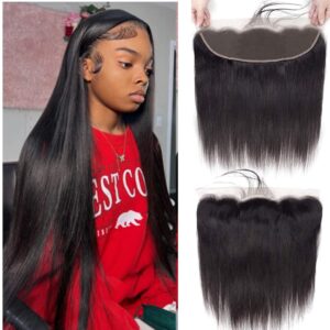 feibin 13x4 lace frontal closure 8 inch ear to ear free part lace closure brazilian silky straight frontal human hair extension pre-plucked frontal closure natural black color