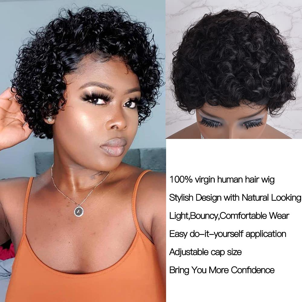 Short Curly Wigs None Lace Pixie Cut Wig Short Human Hair Wigs for Black Women Human Hair Full Made Wigs Natural Color