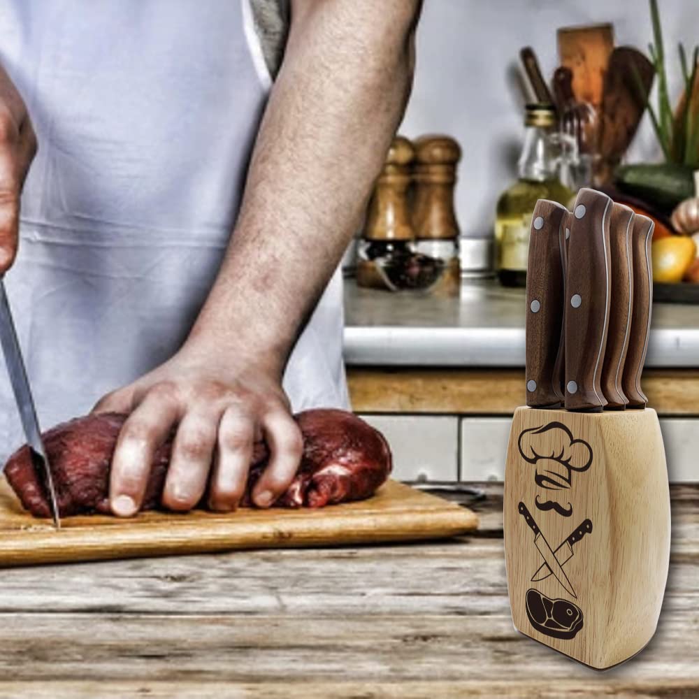 Funny Chef Cuts Steak Pattern Farmhouse Kitchen Decor Knife Block For Steak Knives 5 Inch Utility Knives 6 Piece Slot Organizer Durable 100% Natural Oak Wood, Gifts for Family Friends, 3.7x2.4x5"