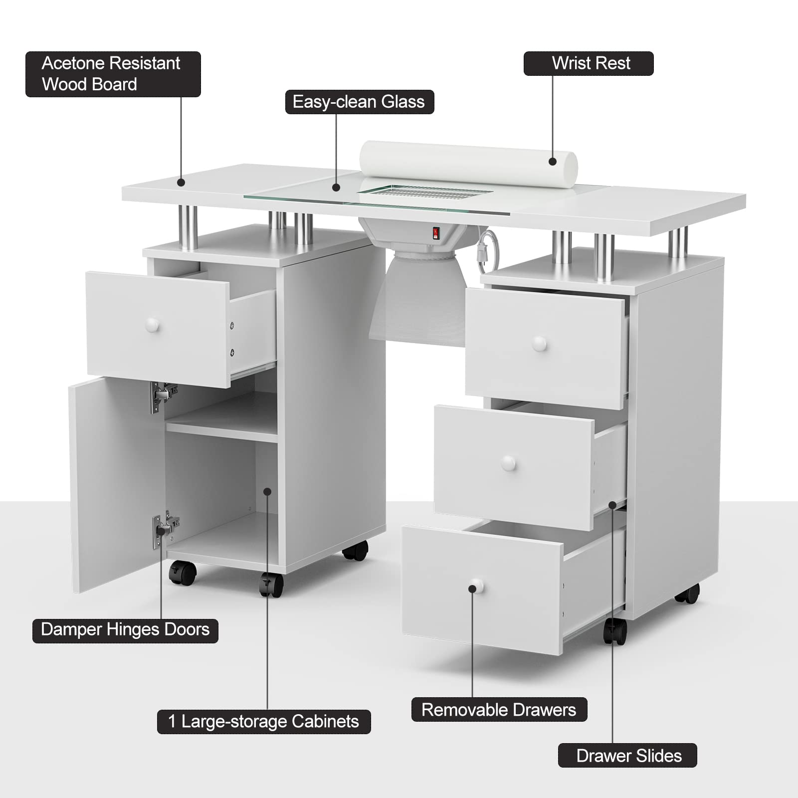 Paddie Manicure Table, Glass Top Nail Makeup Desk Nail Table Station for Nail Tech w/Electric Downdraft Vent, Wrist Cushion, Lockable Wheels, Storage Drawers, Wooden Handles (White)