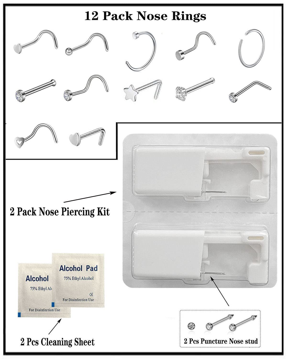 SLVIEKAE 18 Pcs Nose Piercing Kit, Disposable Nose Piercing Kit Self Nose Piercing Kit, at Home Nose Piercing Kit with L Shaped Stud (18 Pack)