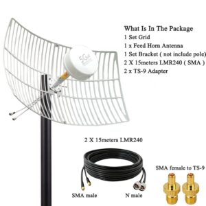 MIMO 4G LTE/ 5G Antenna Outdoor Directional Long Range Parabolic Grid Antennas for t-Mobile 4G LTE/5G WiFi Hotspots/High Gain 2x2 30dBi/ 698-6000MHz/ 2pcs 15meters LMR240 Cable SMA TS-9