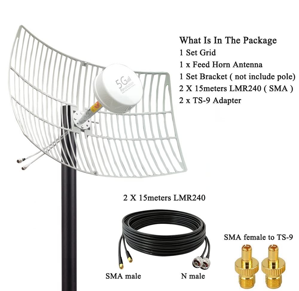 MIMO 4G LTE/ 5G Antenna Outdoor Directional Long Range Parabolic Grid Antennas for t-Mobile 4G LTE/5G WiFi Hotspots/High Gain 2x2 30dBi/ 698-6000MHz/ 2pcs 15meters LMR240 Cable SMA TS-9