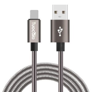 Tuocalo 2Pack 6.6ft Metal Braided Cable, Indestructible Chew Proof Fast Charging Cord, Strong Durable Wire, Stainless Steel, Tangle Free, Pet Resistant, Charge and Data sync at high Speed