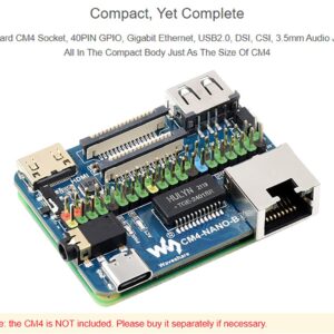 Nano Base Board (B) for Raspberry Pi Compute Module 4 Lite/eMMC, with Standard CM4 Socket, with Raspberry Pi 40PIN GPIO Interface, Gigabit Ethernet, USB2.0, DSI, CSI, 3.5mm Audio Jack